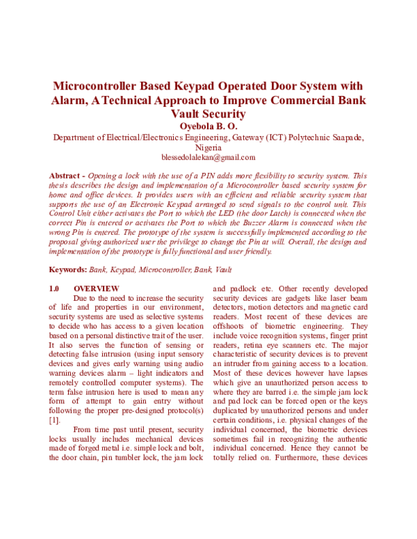 Doc Microcontroller Based Keypad Operated Door System With Alarm A