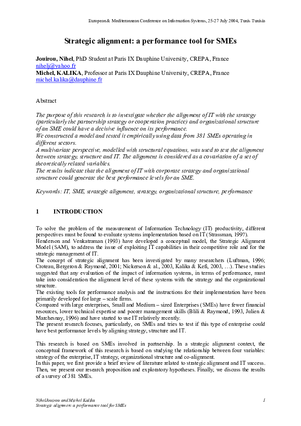 (PDF) Strategic alignment: a performance tool for SMEs