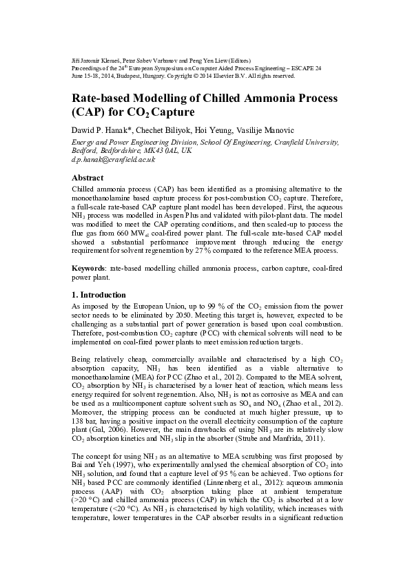 (PDF) Rate-based Modelling of Chilled Ammonia Process (CAP) for CO2 Capture