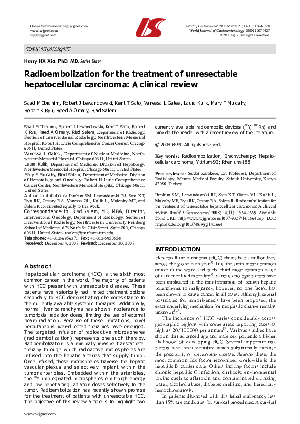 (PDF) Radioembolization for the treatment of unresectable hepatocellular carcinoma: A clinical ...
