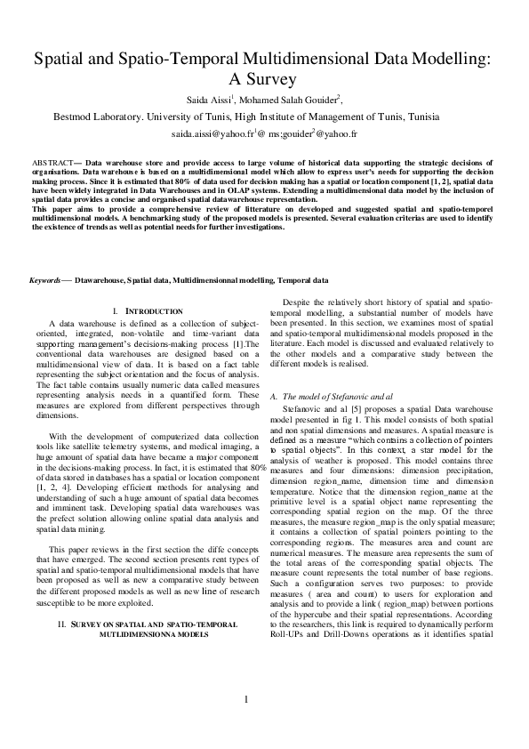 (PDF) Spatial and Spatio-Temporal Multidimensional Data Modelling: A Survey