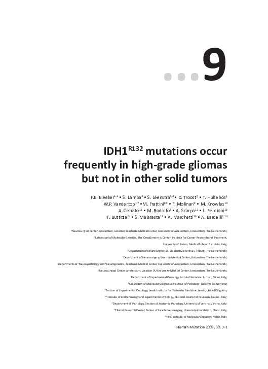 (PDF) IDH1 mutations at residue p.R132 (IDH1 R132 ) occur frequently in high-grade gliomas but ...