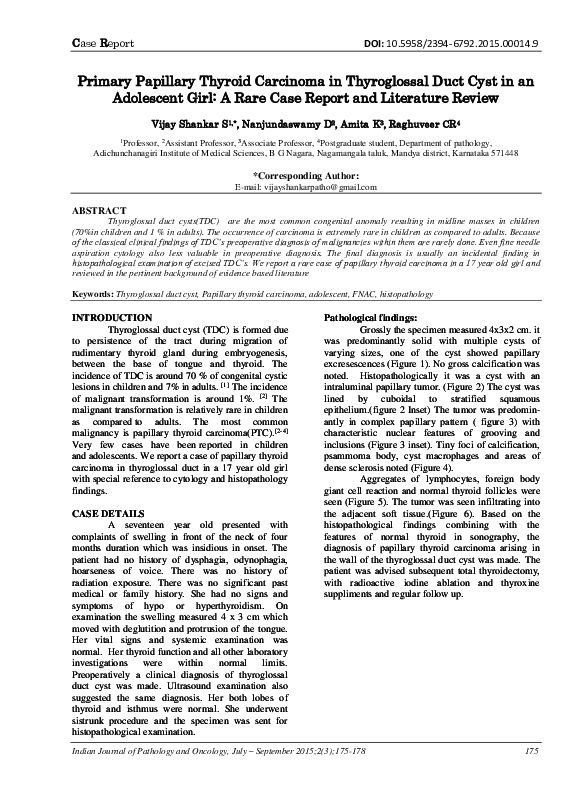 (PDF) Primary Papillary Thyroid Carcinoma in Thyroglossal Duct Cyst in an Adolescent Girl: A ...