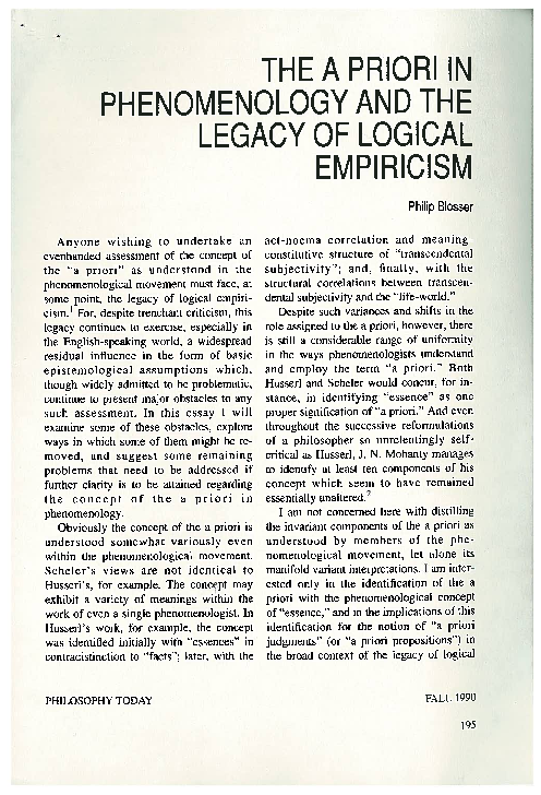 (PDF) The A Priori in Phenomenology and the Legacy of Logical Empiricism