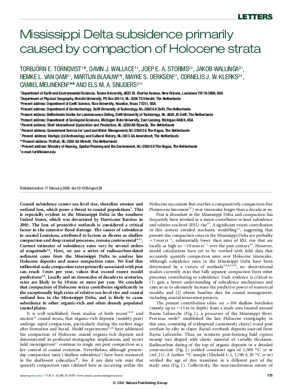 (PDF) Mississippi Delta subsidence primarily caused by compaction of ...
