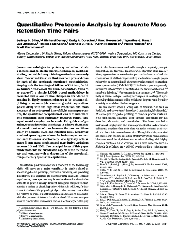 (PDF) Quantitative Proteomic Analysis by Accurate Mass Retention Time Pairs