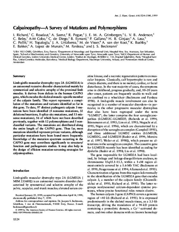 (PDF) Calpainopathy—A Survey of Mutations and Polymorphisms