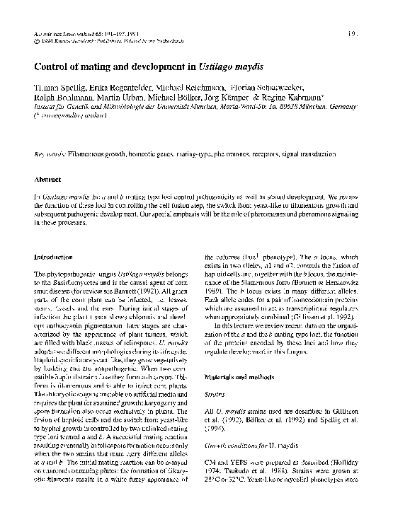(PDF) Control of mating and development inUstilago maydis | Jörg Kämper ...