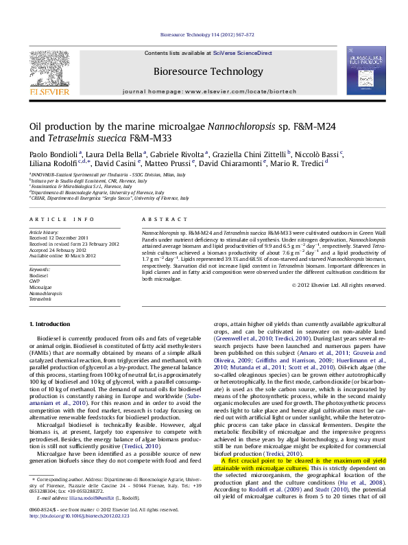 (PDF) Oil production by the marine microalgae Nannochloropsis sp. F&M-M24 and Tetraselmis ...
