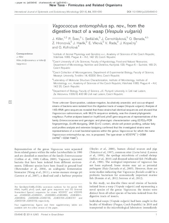 (PDF) Vagococcus entomophilus sp. nov., from the digestive tract of a ...