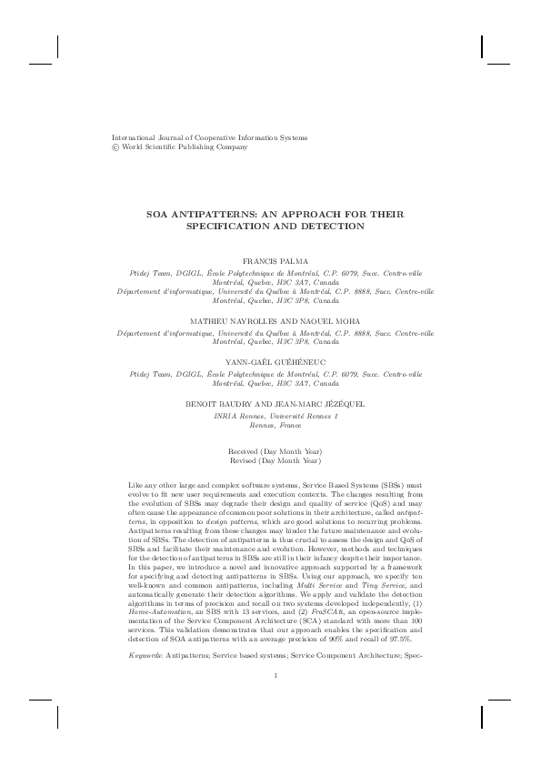 Pdf Soa Antipatterns An Approach For Their Specification And Detection