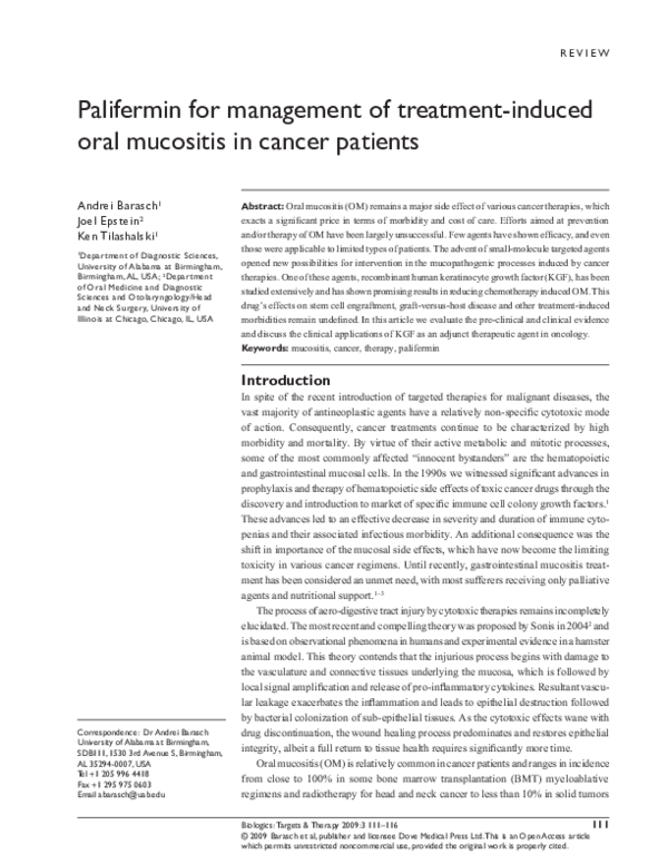 (PDF) Palifermin for management of treatment-induced oral mucositis in ...