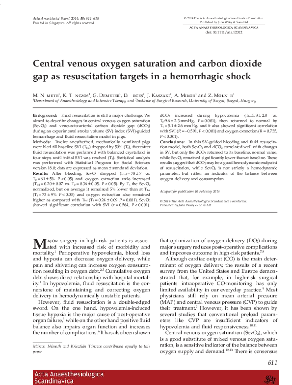 (PDF) Central venous oxygen saturation and carbon dioxide gap as ...