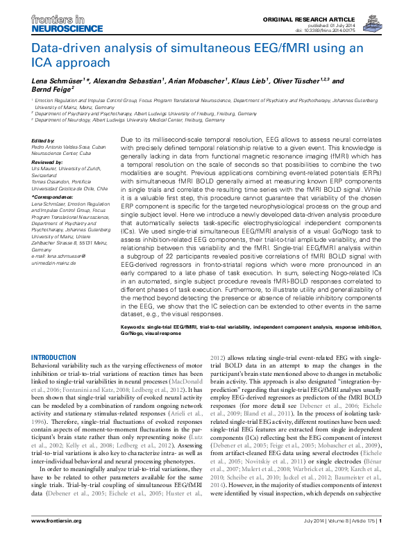 Pdf Data Driven Analysis Of Simultaneous Eeg Fmri Using An Ica Approach Oliver Tüscher
