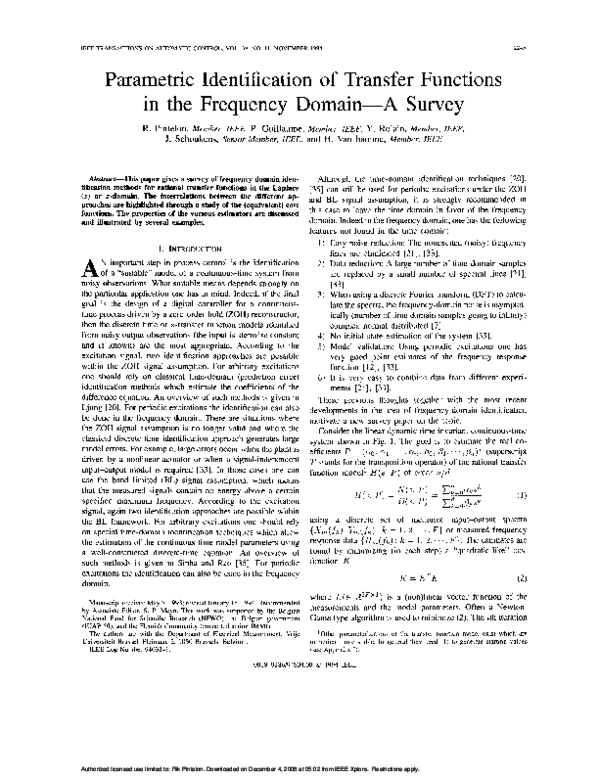 (PDF) Parametric identification of transfer functions in the frequency domain-a survey | Rik ...
