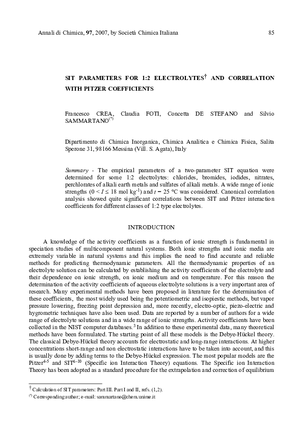 (PDF) Sit Parameters for 1:2 Electrolytes and Correlation with Pitzer ...