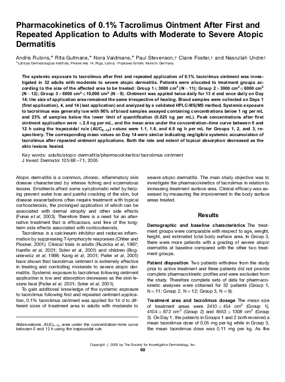 Pharmacokinetics of 0.1% Tacrolimus Ointment After First and Repeated ...