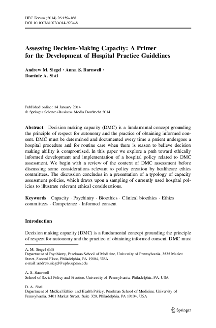 (PDF) Assessing Decision-Making Capacity: A Primer for the Development ...