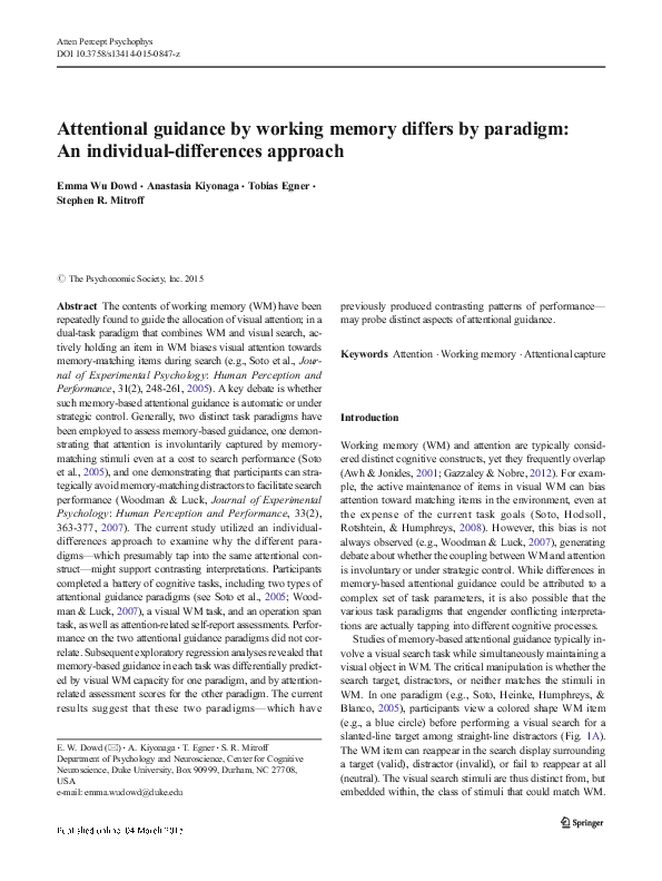 Pdf Attentional Guidance By Working Memory Differs By Paradigm An Individual Differences Approach
