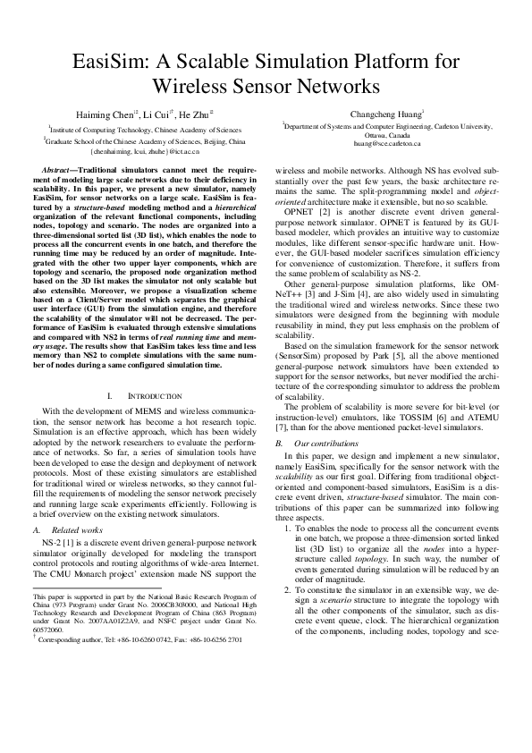 Pdf Easisim A Scalable Simulation Platform For Wireless Sensor Networks