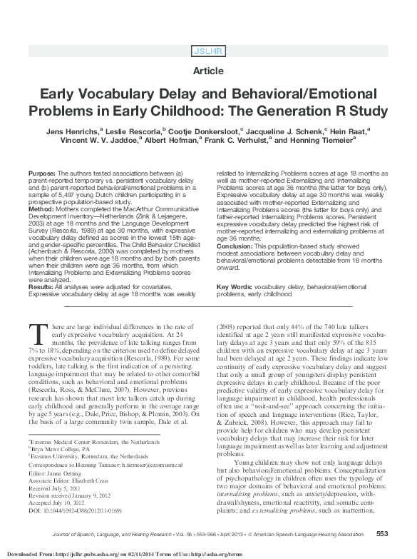 (PDF) Early Vocabulary Delay and Behavioral/Emotional Problems in Early ...