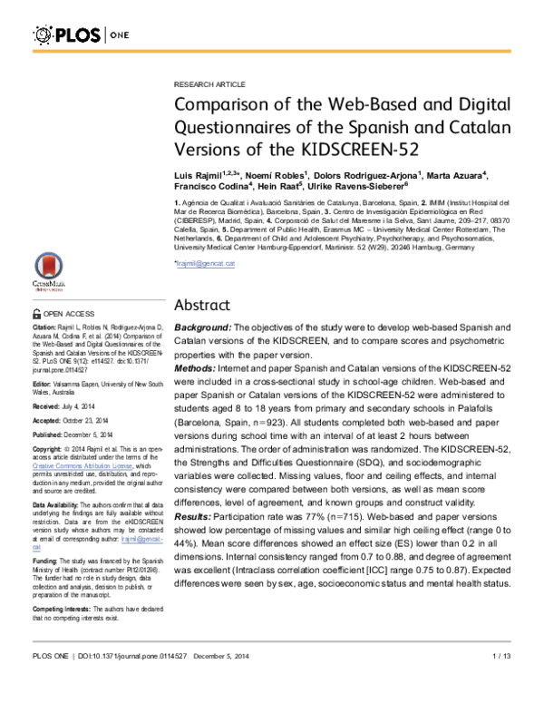 (PDF) Comparison of the Web-Based and Digital Questionnaires of the ...