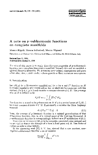 (PDF) A note onp-subharmonic functions on complete manifolds