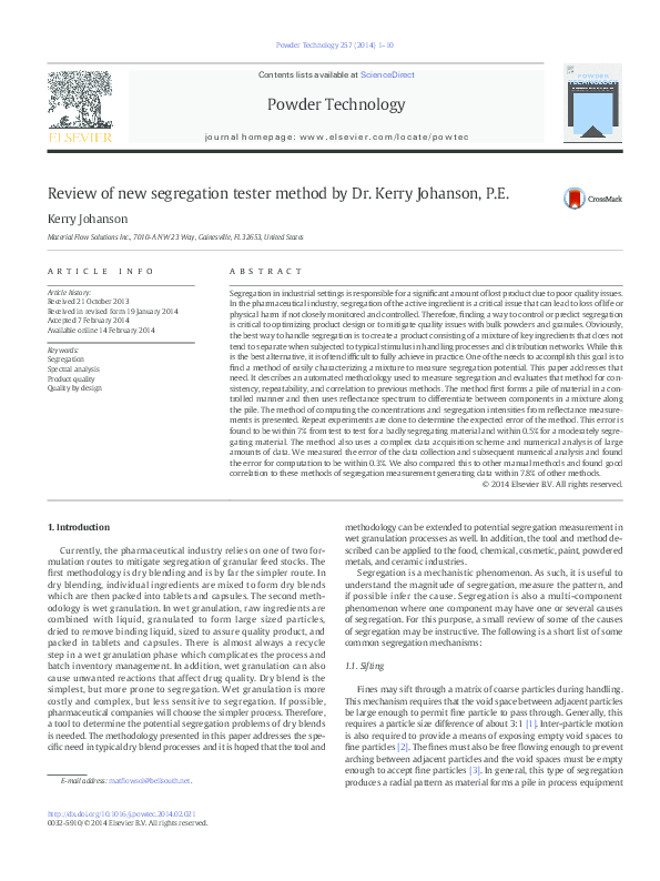 (PDF) Review of new segregation tester method by Dr. Kerry Johanson