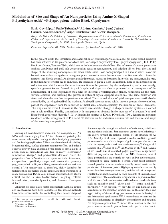 (PDF) Modulation of Size and Shape of Au Nanoparticles Using Amino-X-Shaped Poly(ethylene oxide ...
