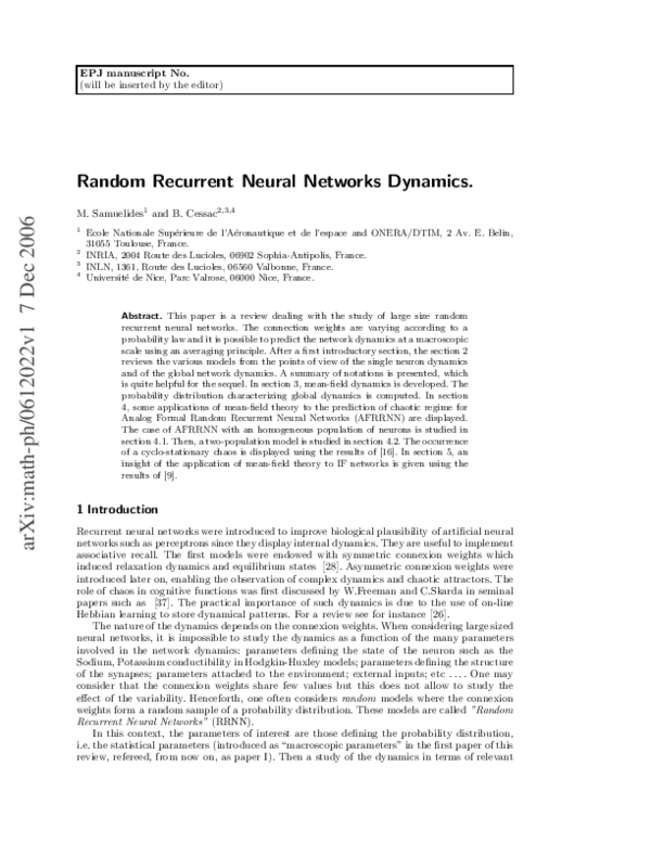 Pdf Random Recurrent Neural Networks Dynamics