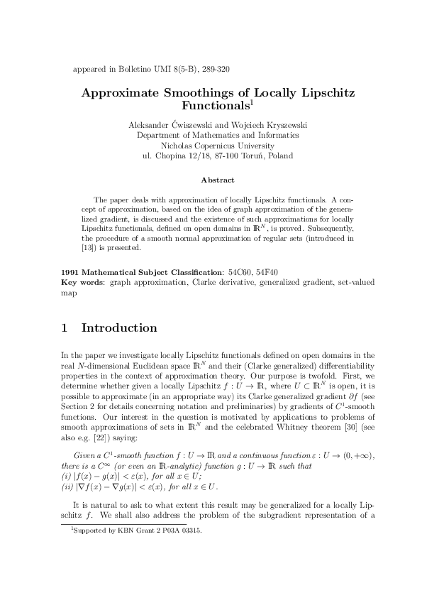 Pdf Approximate Smoothings Of Locally Lipschitz Functionals