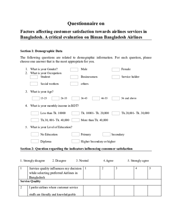 Questionnaire on customer satisfaction in bd airlines