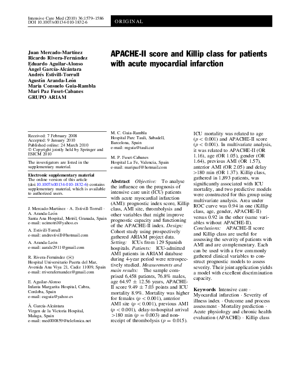 (PDF) APACHE-II score and Killip class for patients with acute ...