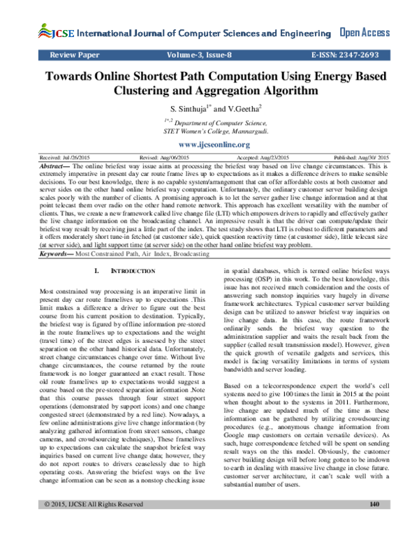 Pdf Towards Online Shortest Path Computation Using Energy Based Clustering And Aggregation
