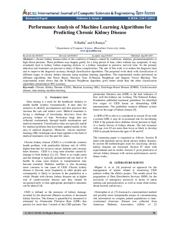 (PDF) Performance Analysis of Machine Learning Algorithms for Predicting Chronic Kidney Disease