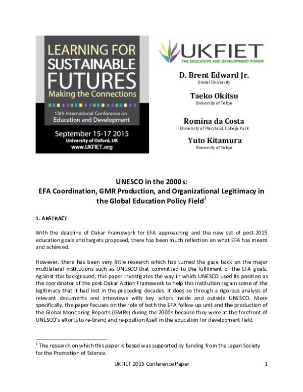 (PDF) UNESCO in the 2000s: EFA Coordination, GMR Production, and ...
