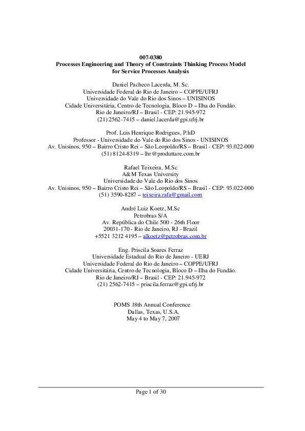 (PDF) Processes Engineering and Theory of Constraints Thinking Process Model for Service ...