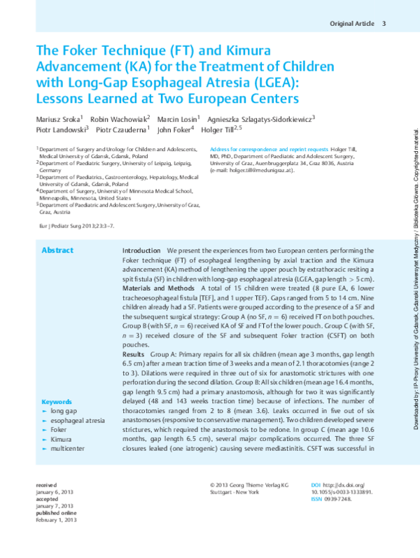 (PDF) The Foker Technique (FT) and Kimura Advancement (KA) for the ...