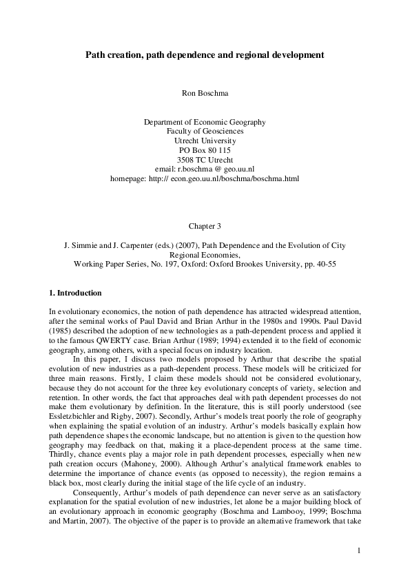 (PDF) Path creation, path dependence and regional development