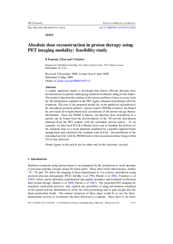 (PDF) Absolute dose reconstruction in proton therapy using PET imaging modality: feasibility study