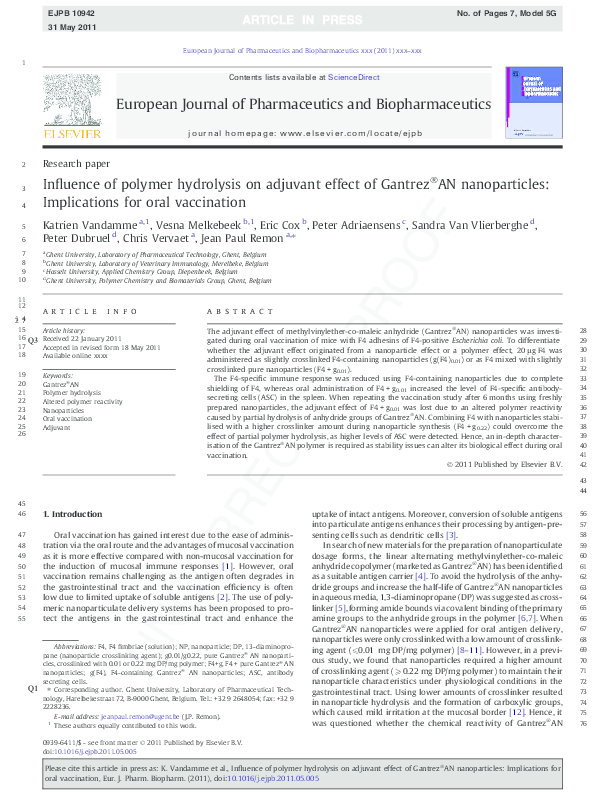 (PDF) Influence of polymer hydrolysis on adjuvant effect of Gantrez®AN ...