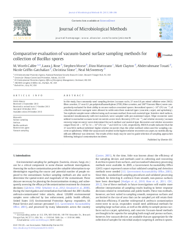 Pdf Comparative Evaluation Of Vacuum Based Surface Sampling Methods For Collection Of Bacillus