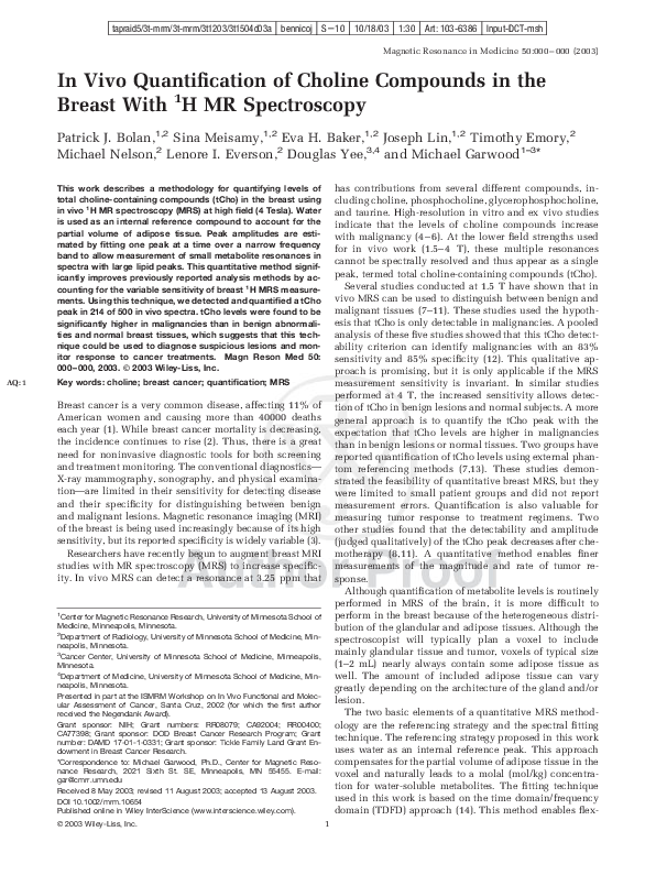 (PDF) In vivo quantification of choline compounds in the breast with1H ...