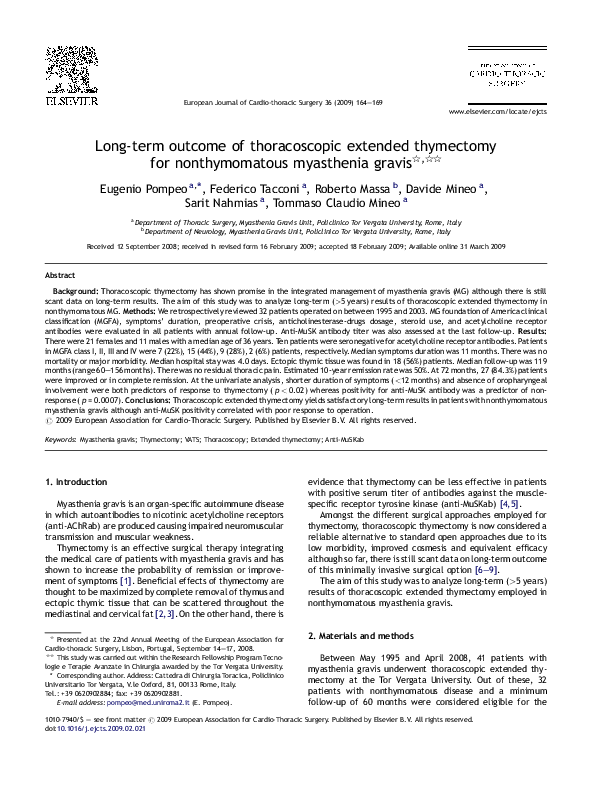 (PDF) Long-term outcome of thoracoscopic extended thymectomy for nonthymomatous myasthenia gravis☆☆☆