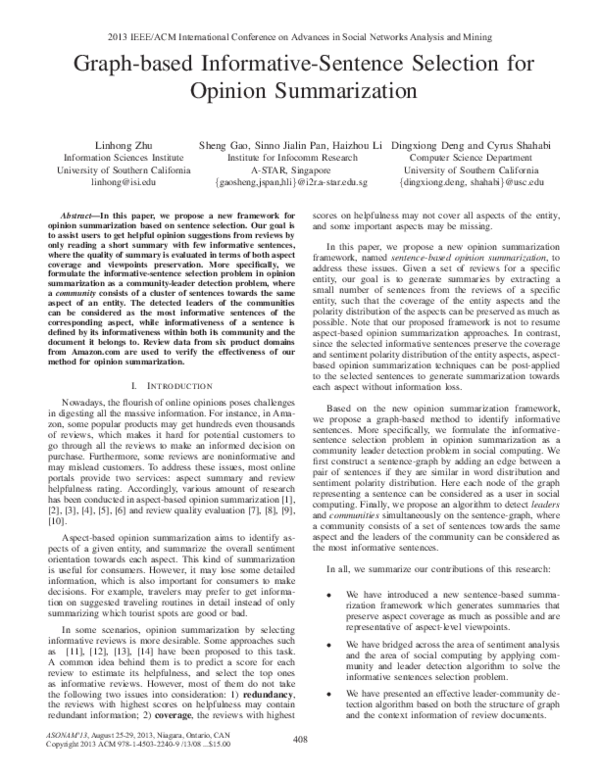 Pdf Graph Based Informative Sentence Selection For Opinion Summarization