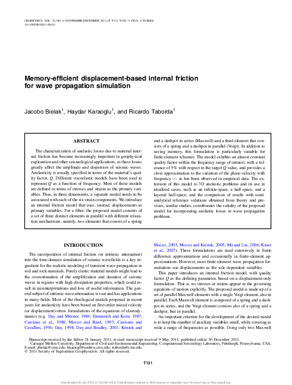 (PDF) Memory-efficient displacement-based internal friction for wave propagation simulation