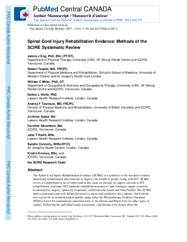 (PDF) Spinal Cord Injury Rehabilitation Evidence: Method of the SCIRE Systematic Review
