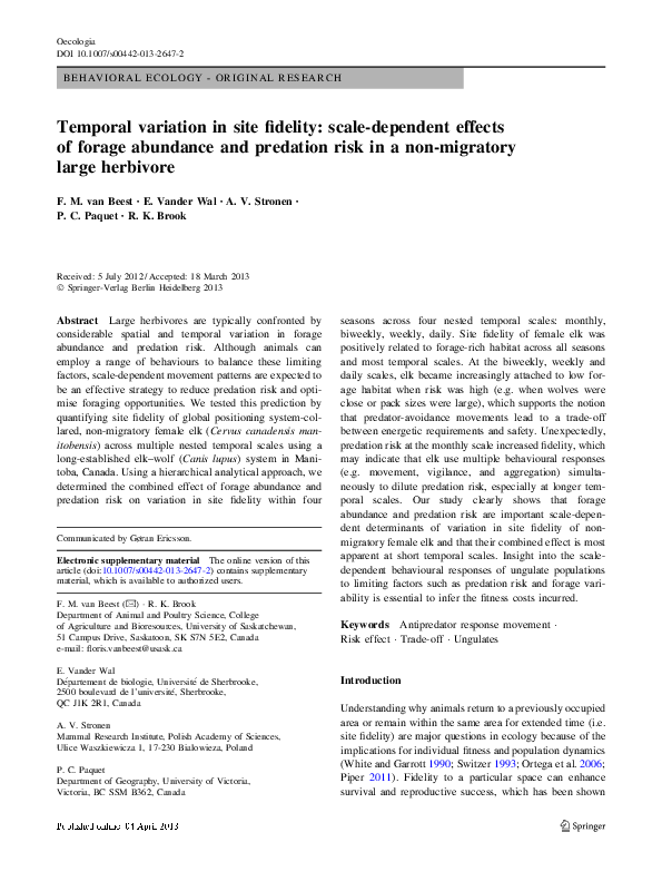 (PDF) Temporal variation in site fidelity: scale-dependent effects of forage abundance and ...
