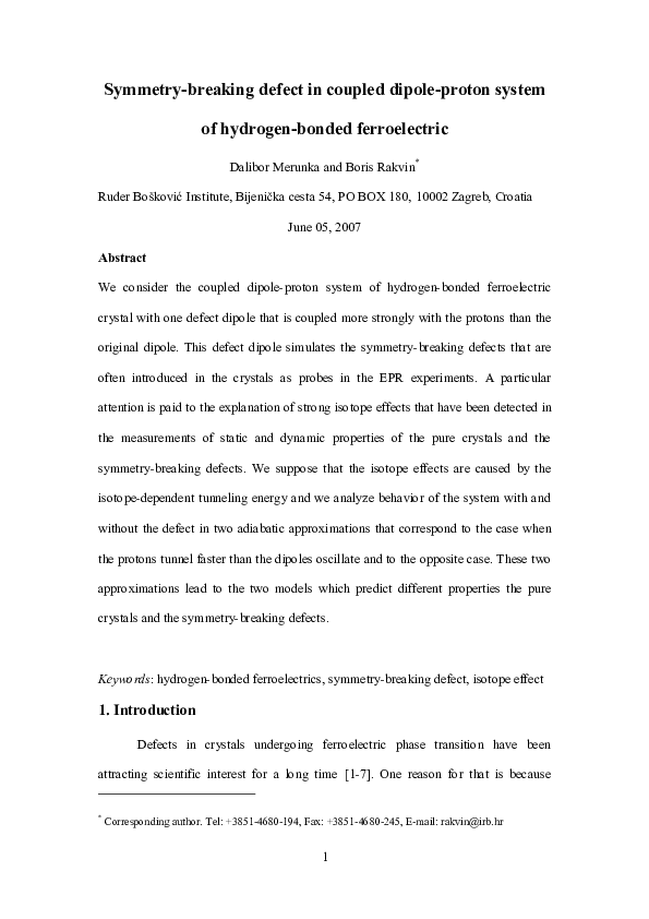 (PDF) Symmetry-breaking defect in coupled dipole–proton system of hydrogen-bonded ferroelectric
