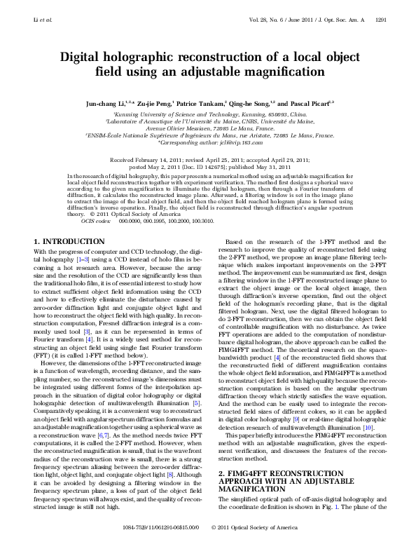 (PDF) Digital holographic reconstruction of a local object field using ...